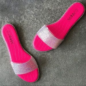 Anna | Shoes | New Neon Pink Rhinestone Slides Flip Flop Sandals | Poshmark